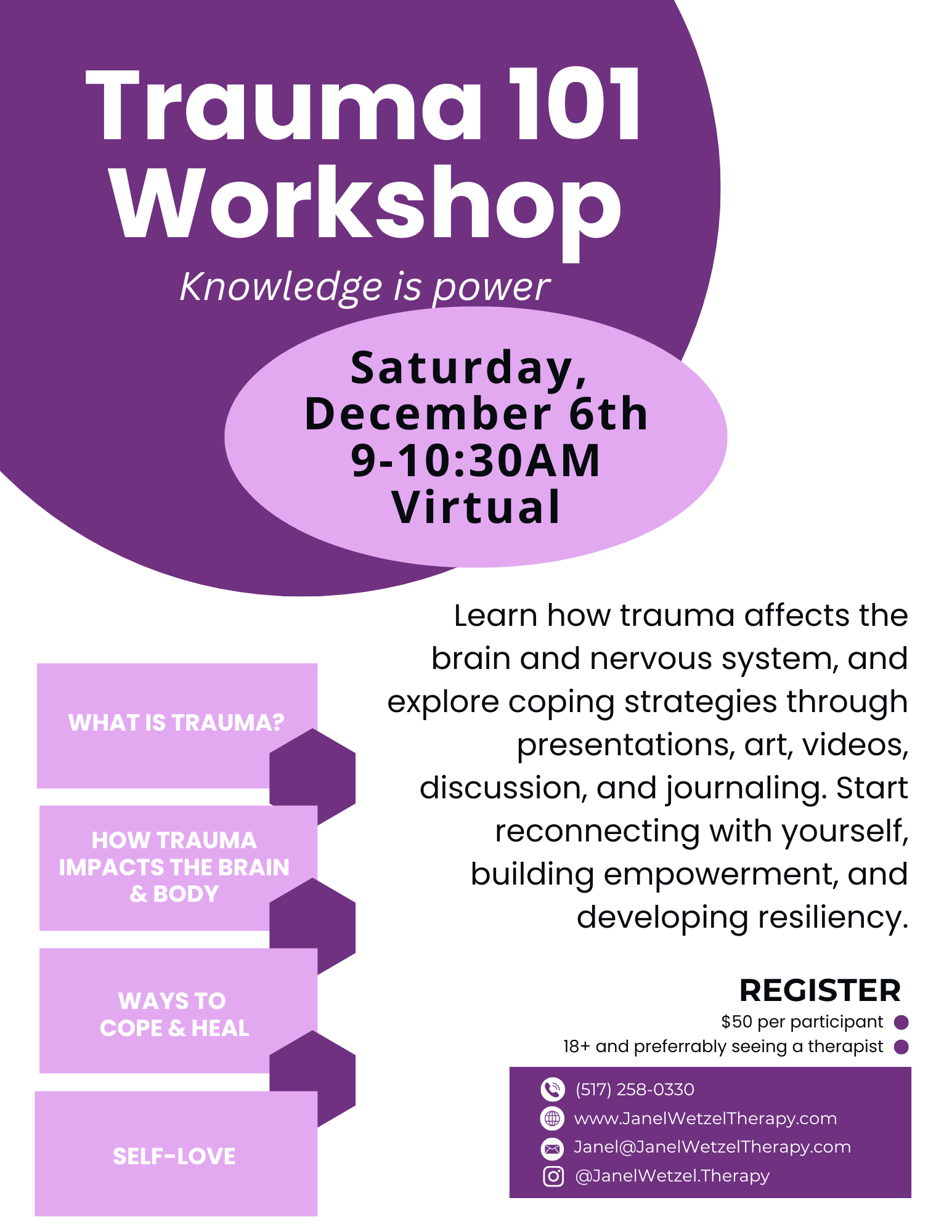 Trauma 101 Workshop: Knowledge is Power – Janel Wetzel, LMSW CCTP